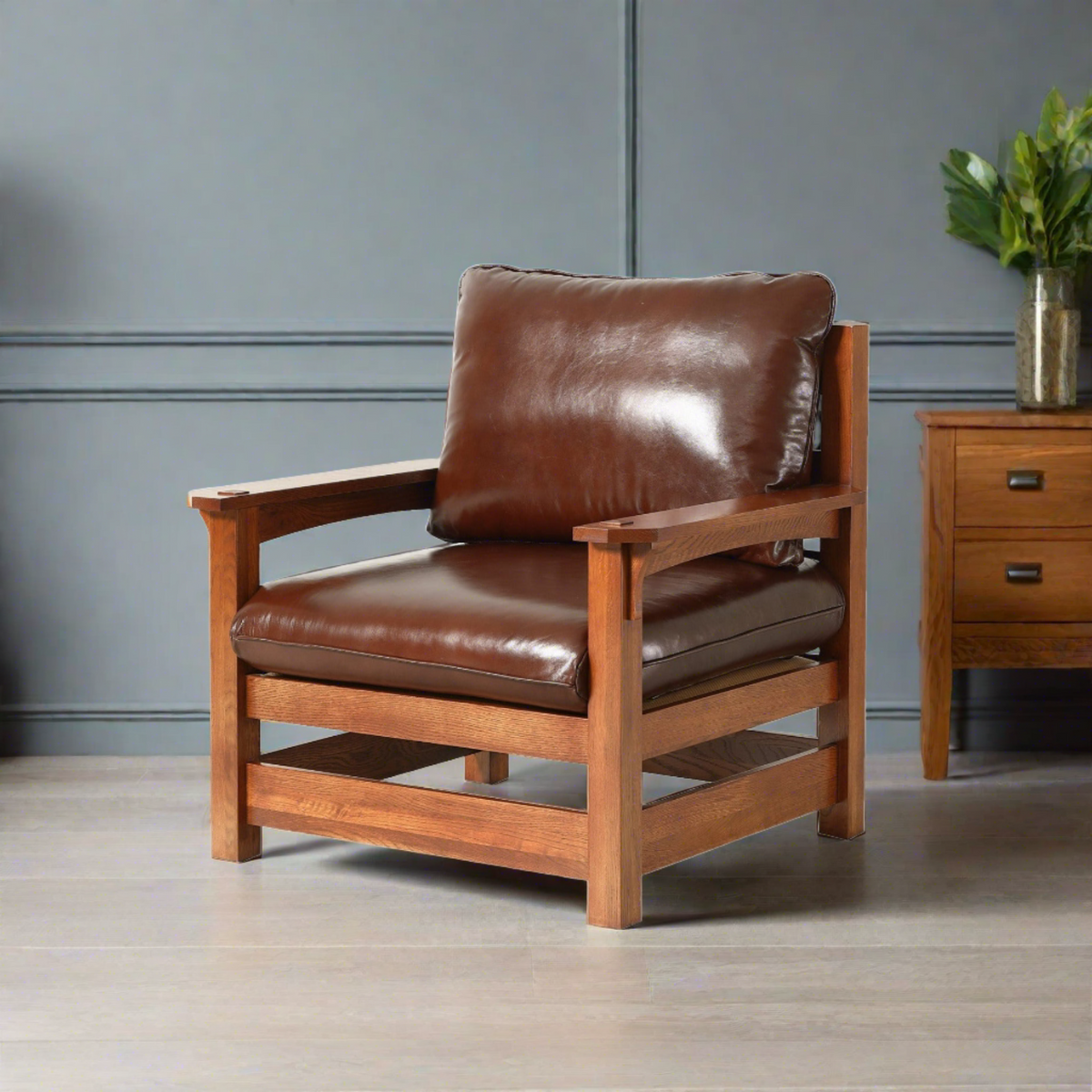 Mission Leather and Oak Armchair / Living Room chair - Chestnut ...